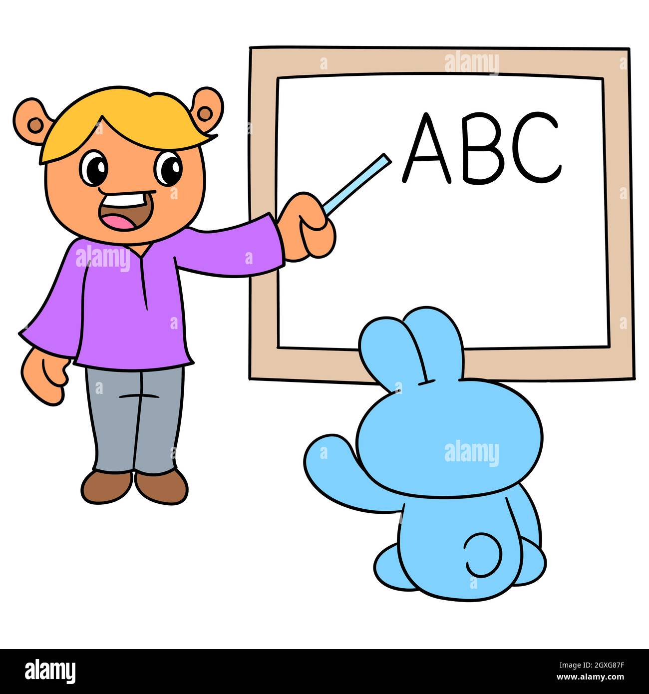 the teacher was in front of the class teaching to read the alphabet ...
