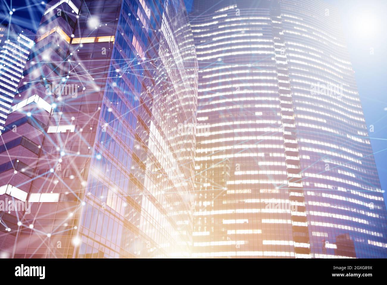 Fast internet connection in the city at night. Abstract technology ...