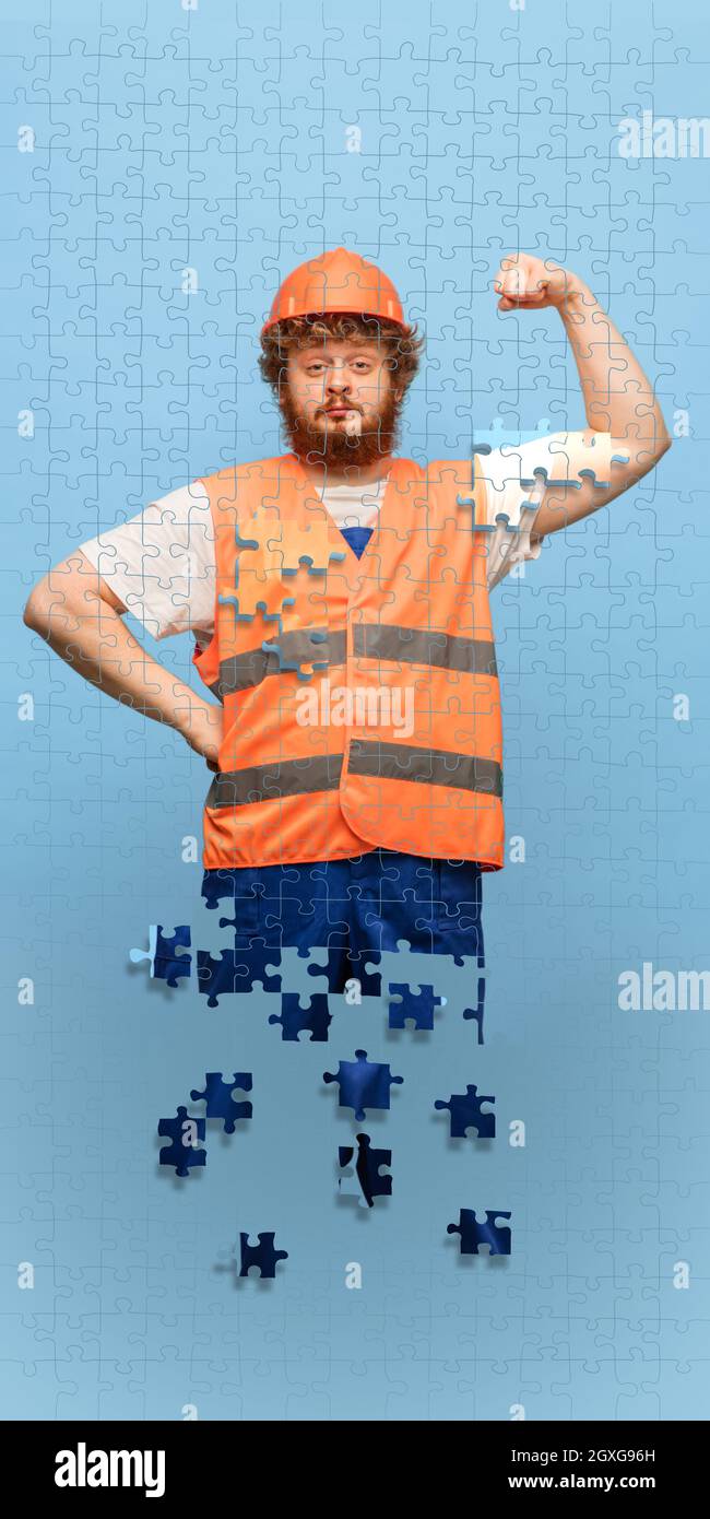 Creative collage of man, wearing bright working uniform and helmet ...