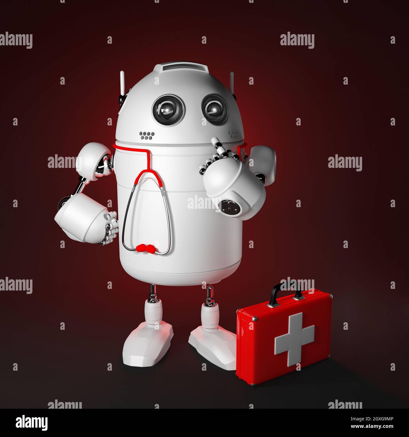 Robot Medic. Computer repair concept. Rendered over dark background ...
