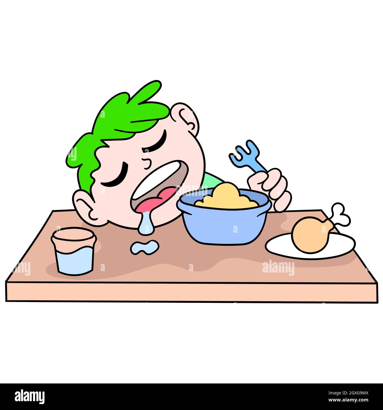 a boy sleeping on the dining table when breaking his fat Stock Vector ...
