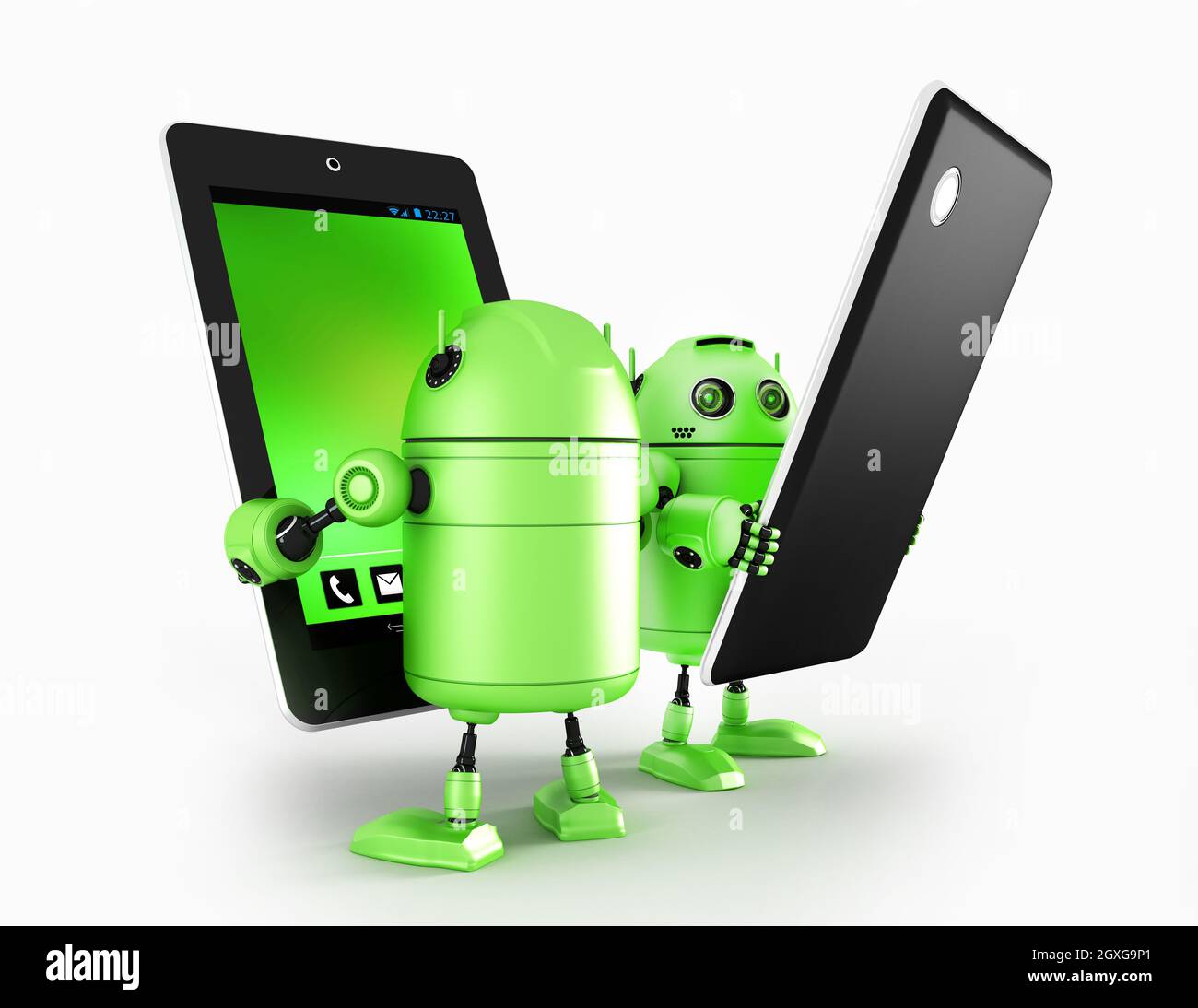 Green Robots with tablet. Rendered on white background Stock Photo - Alamy