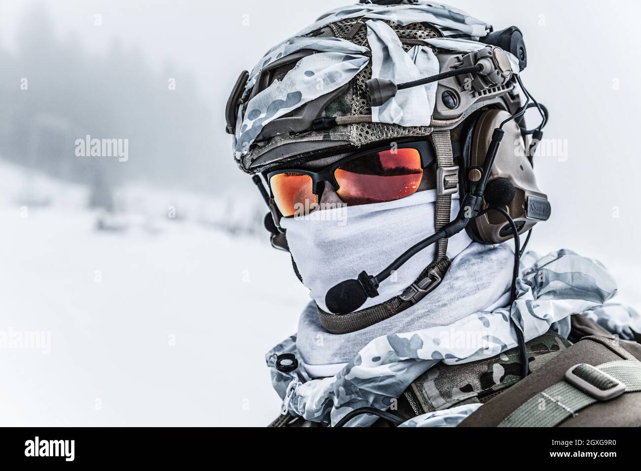 Winter arctic mountains warfare. Action in cold conditions. Trooper ...