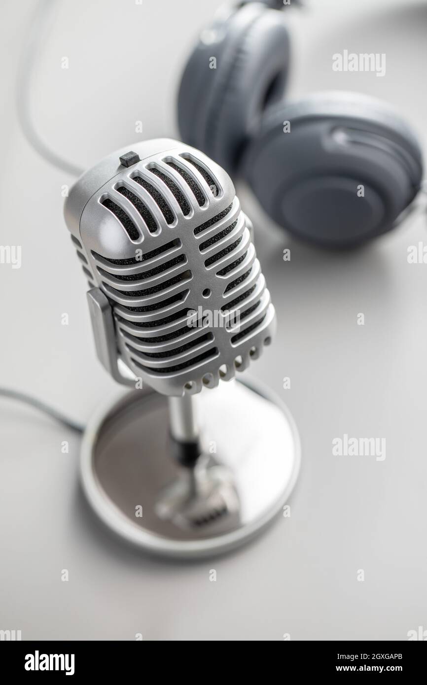 Metal retro microphone. Vintage microphone on gray background Stock ...