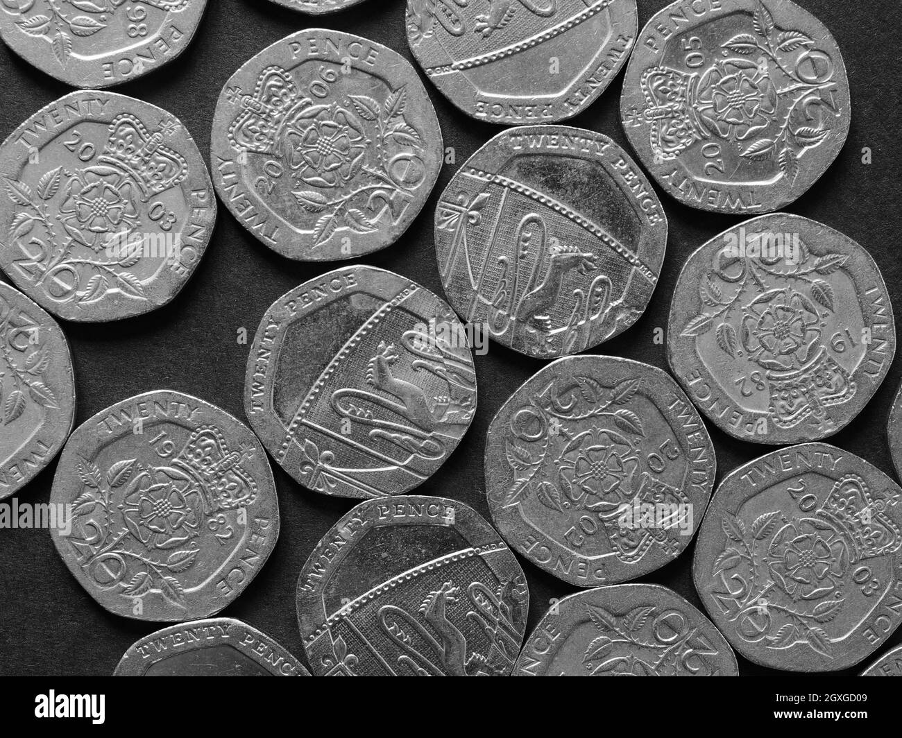 20 pence coin money (GBP), currency of United Kingdom in black and ...