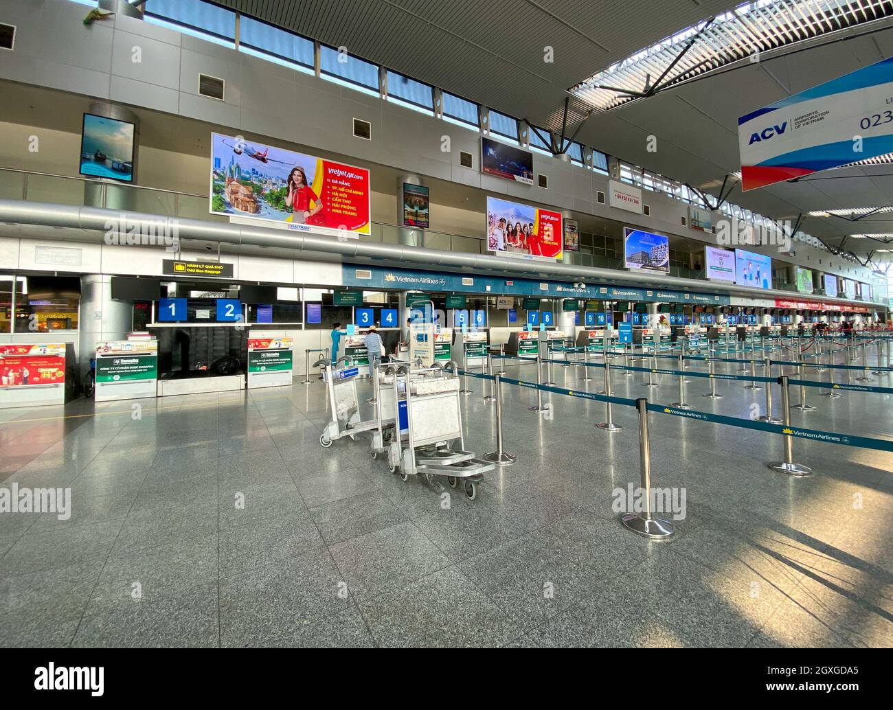 Da Nang, Vietnam - Mar 13, 2020. Check-in counters of Vietnam Airlines ...