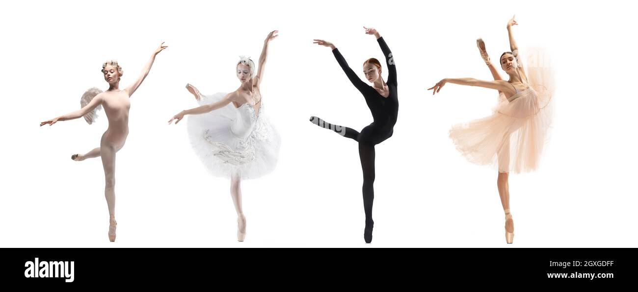 Collage of portraits of young beautiful female ballet dancers in action ...