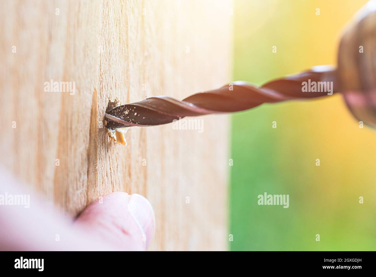 Do it yourself home handyman is using a drill for drilling wood Stock ...