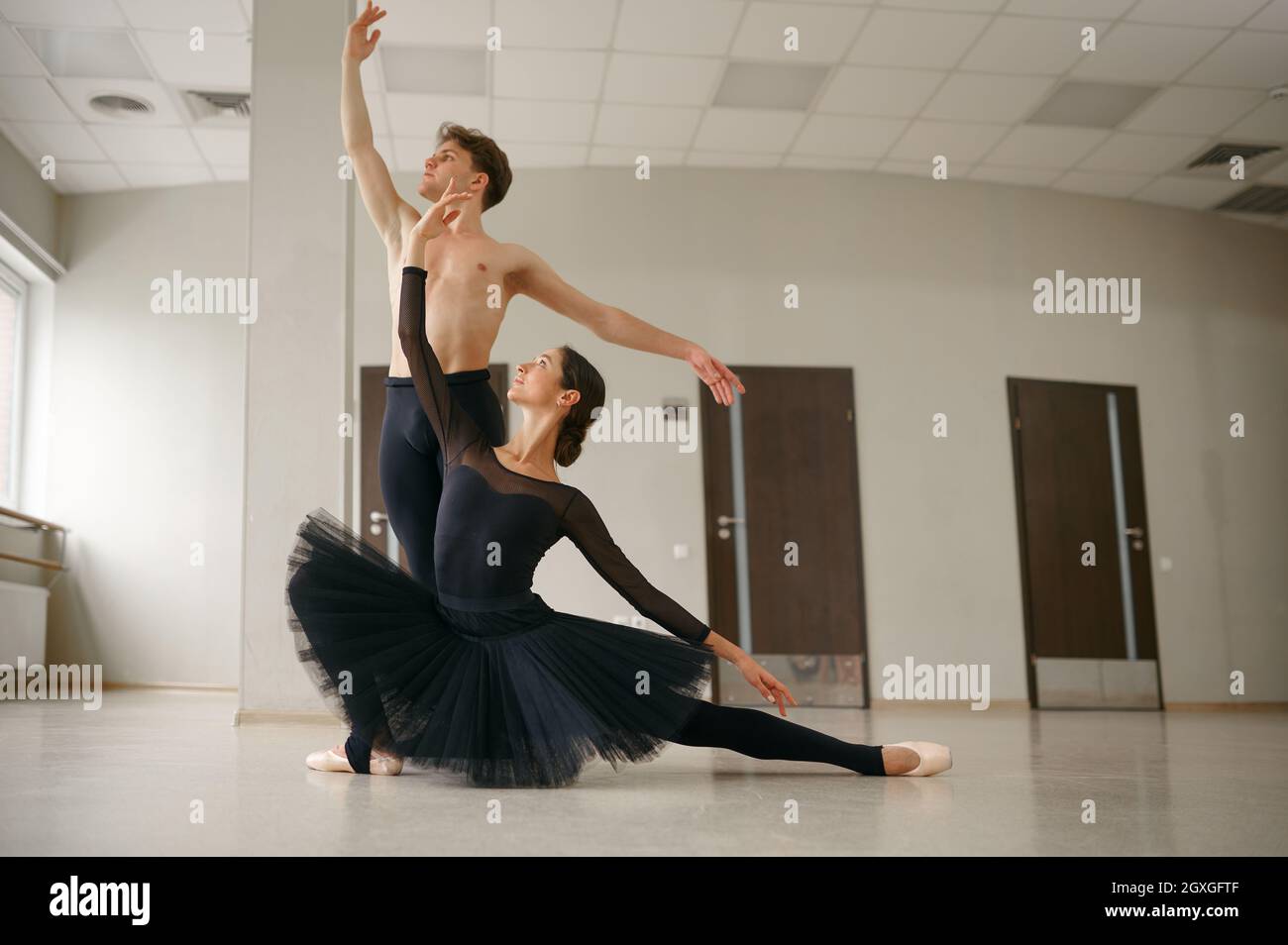 Female and male ballet dancers in action. Ballerina with partner ...