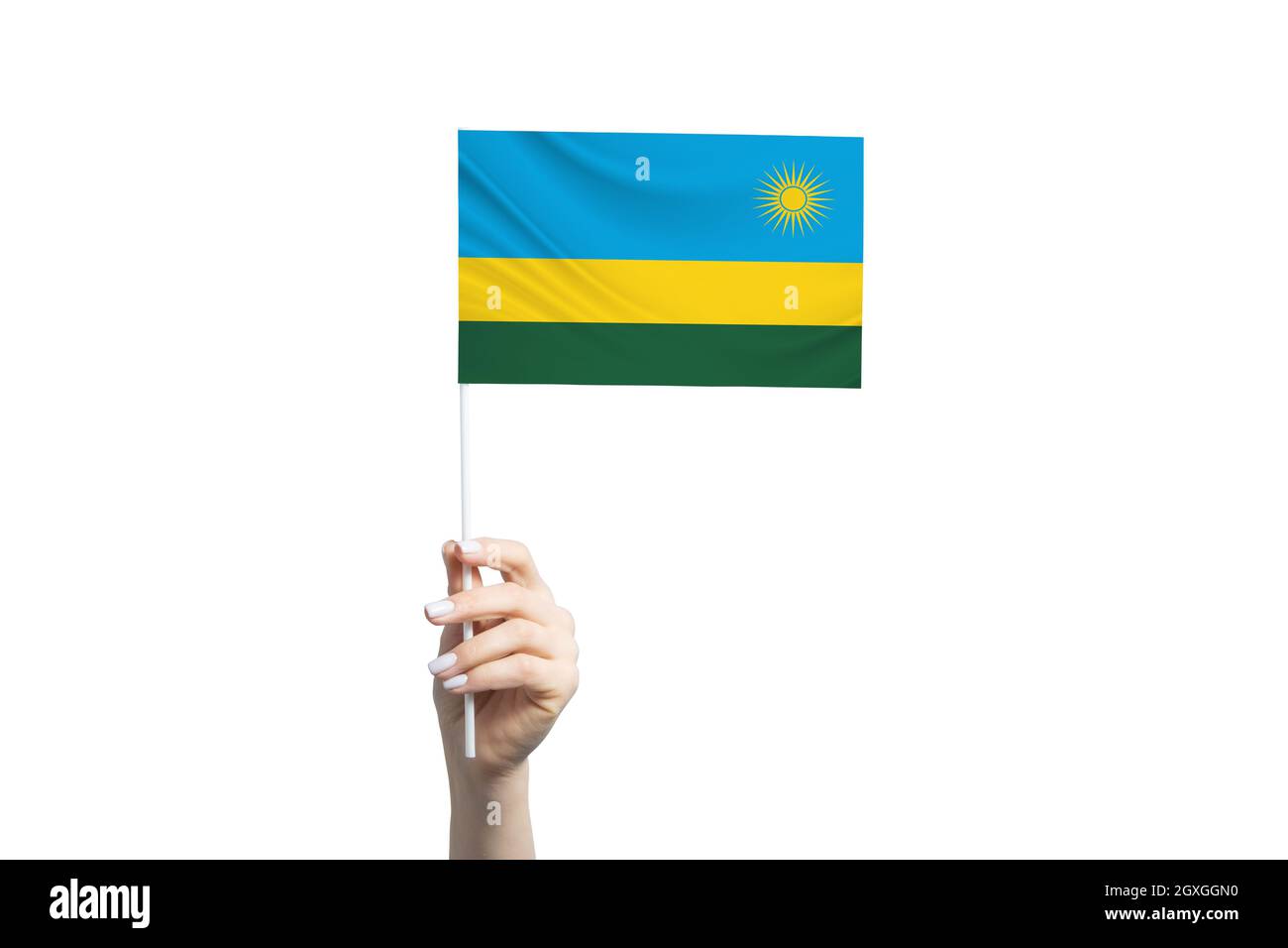 Beautiful female hand holding Rwanda flag, isolated on white background ...
