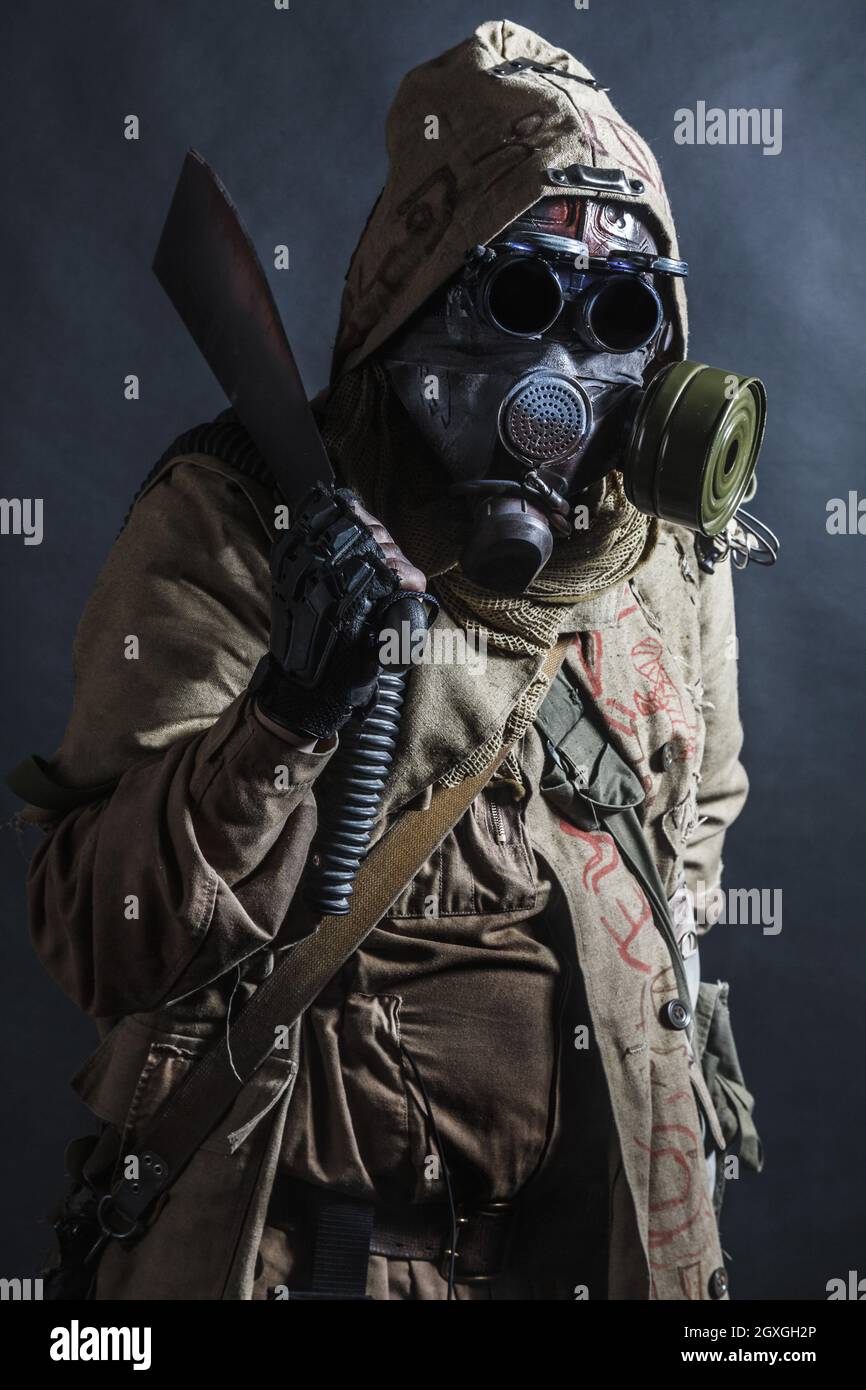 Nuclear post apocalypse. Studio shot of survivor in tatters Stock Photo - Alamy