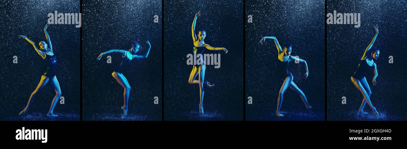 Young female ballet dancer under water drops and splashes. Caucasian ...