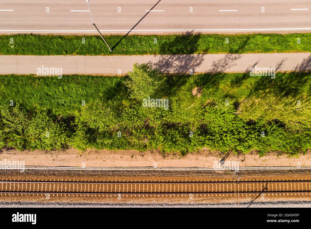 Aerial view of pathway, road and railways Stock Photo - Alamy