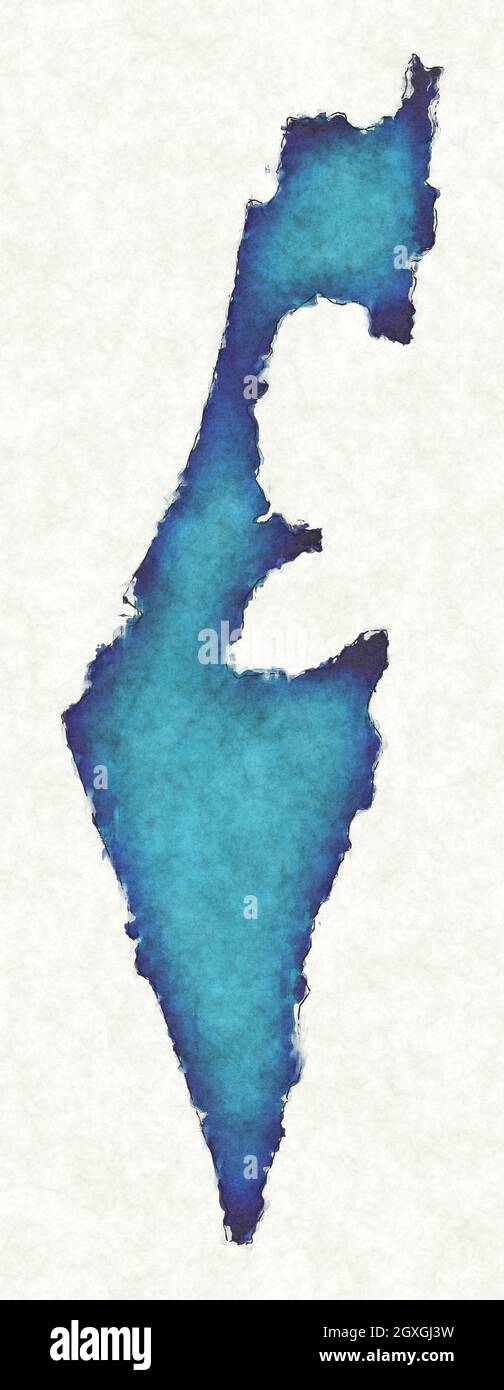 Israel map with drawn lines and blue watercolor illustration Stock ...