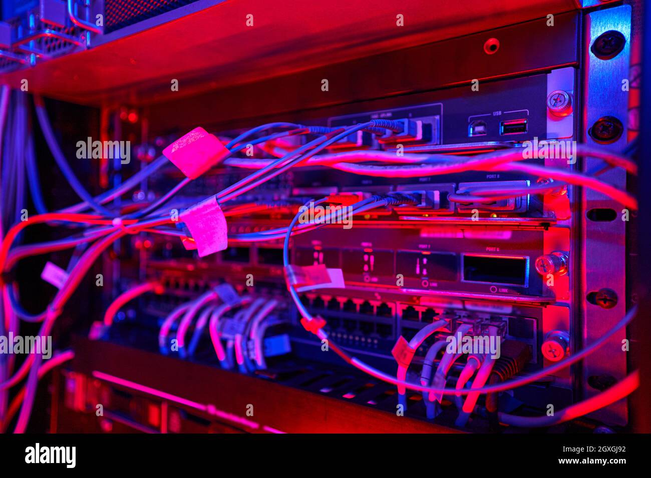 Shot of details hosting platform for storage servers in server room ...