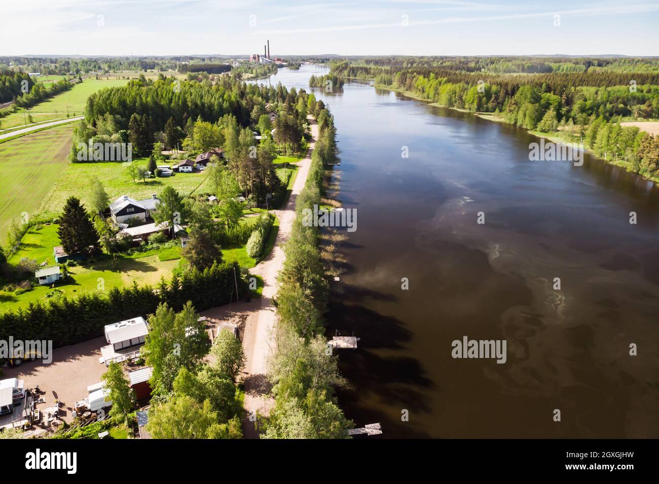 Aerial panoramic view of place Myllykoski at river Kymijoki, Kouvola ...