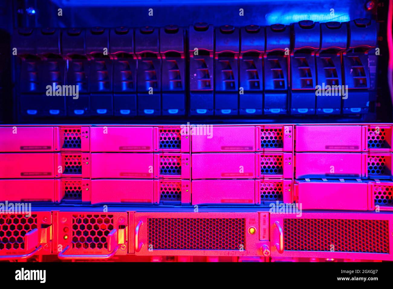 Close up picture of storage server with many HDD disks inside rack in ...
