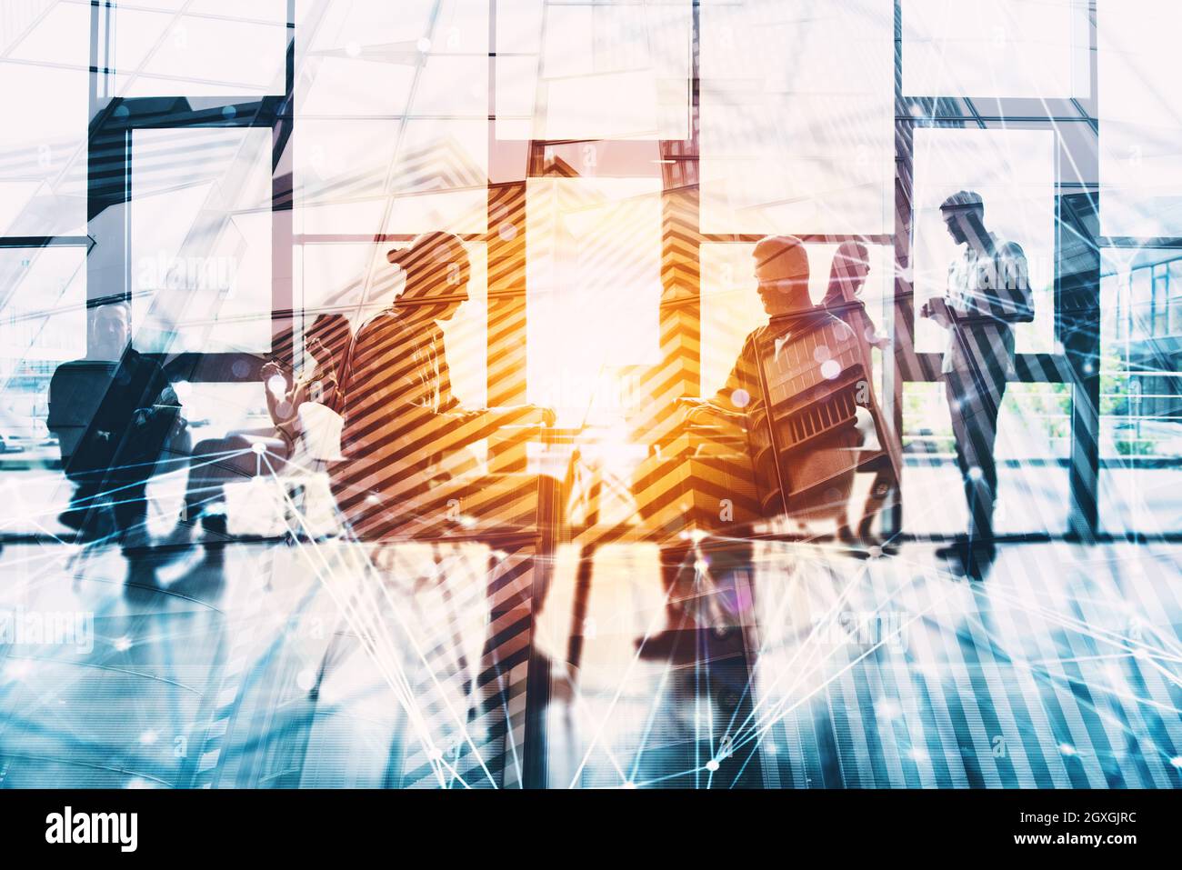 Abstract concept of network infrastructure. Double exposure effects ...