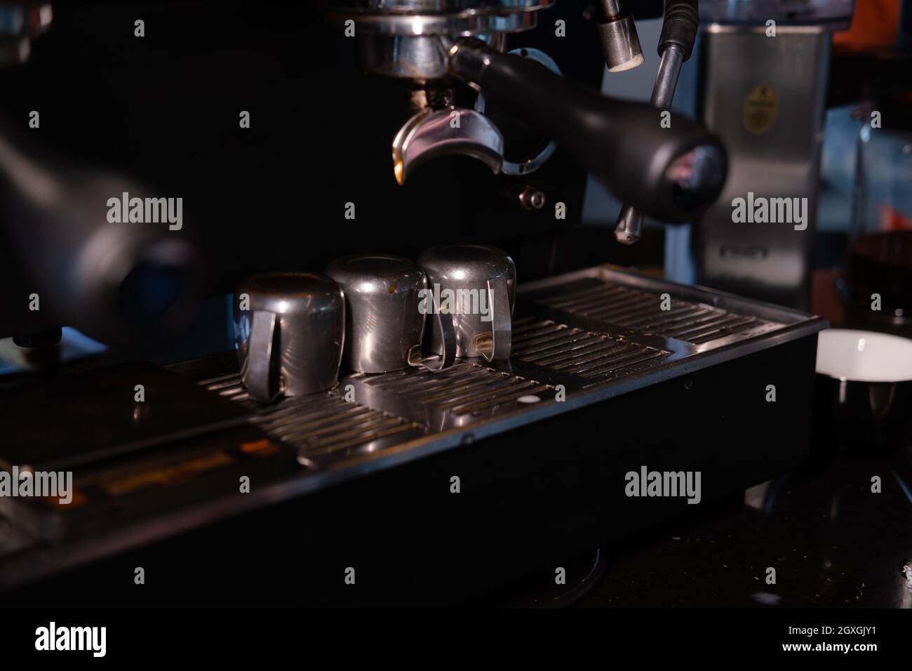 Close-up of Espresso machine making coffee in pub, bar, restaurant ...