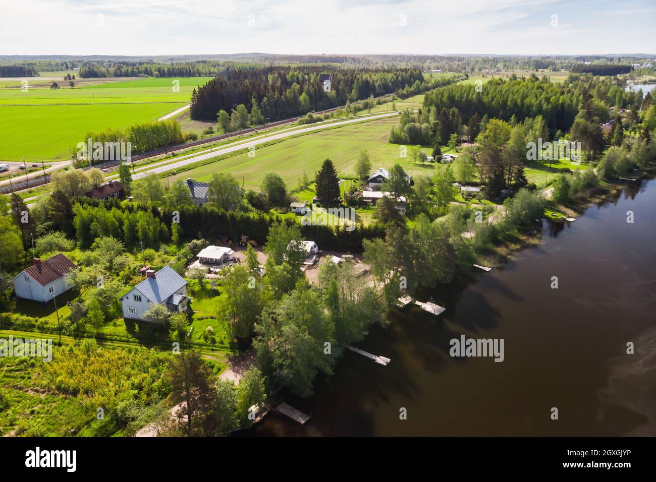 Aerial panoramic view of place Myllykoski at river Kymijoki, Kouvola ...