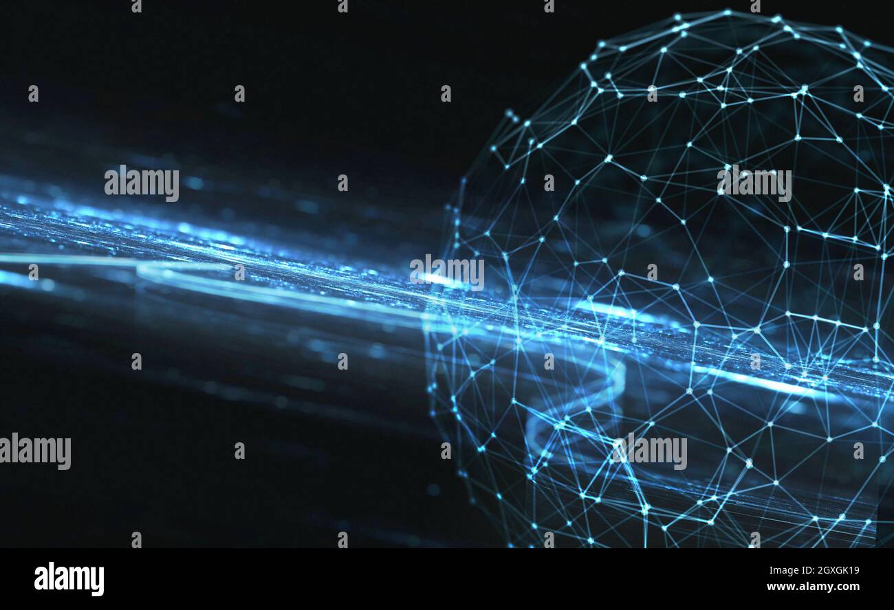 Abstract blue internet background with connection of optical fiber ...