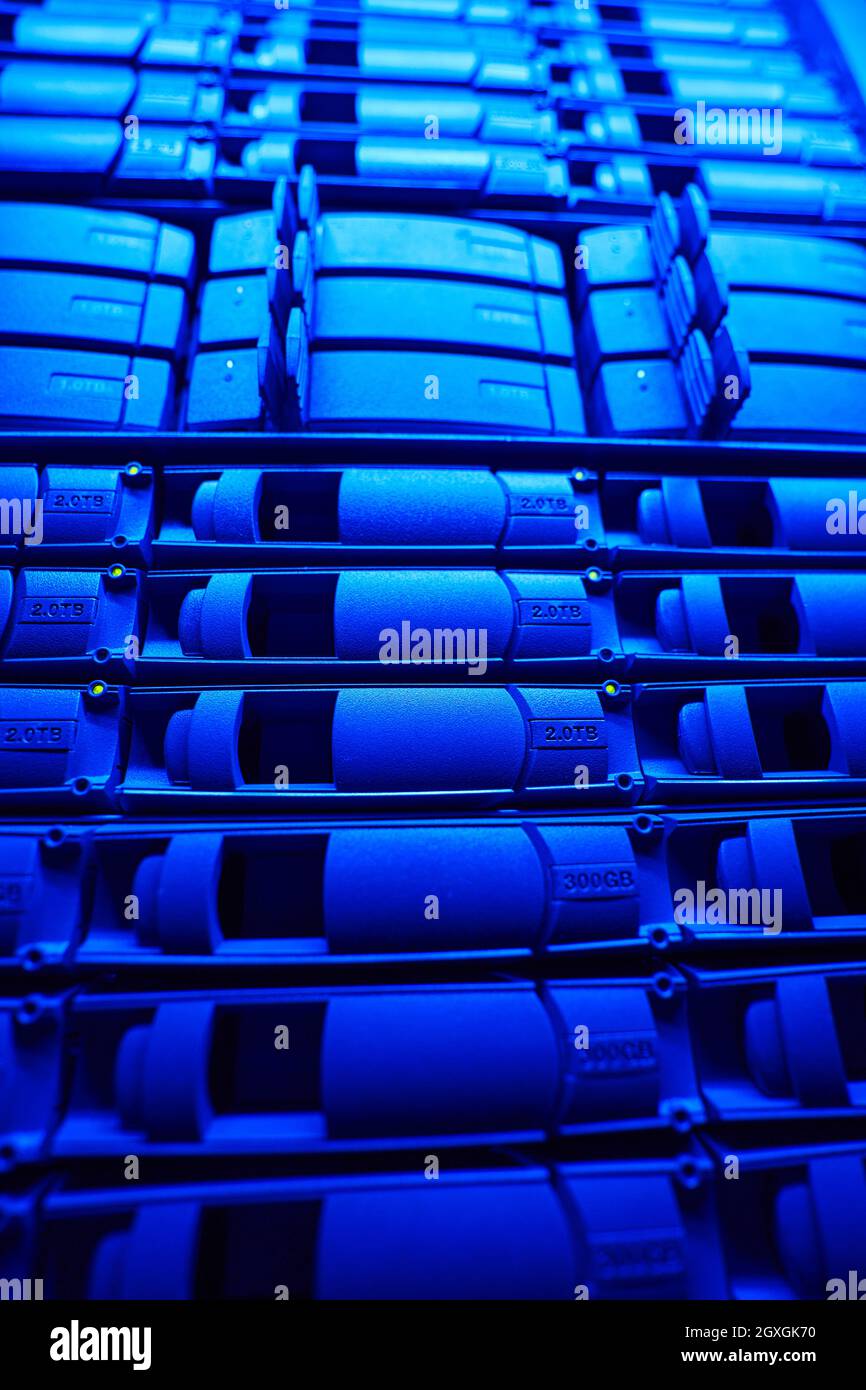 Close up front view picture of working HDD disks on server racks in ...
