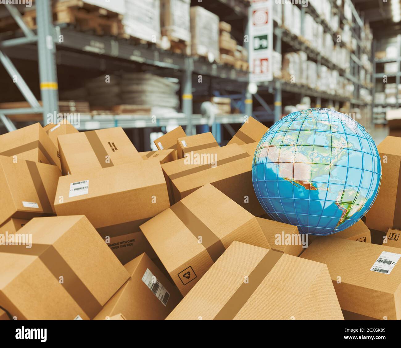 Mess of boxes on the ground in a warehouse with a earth globe Stock ...