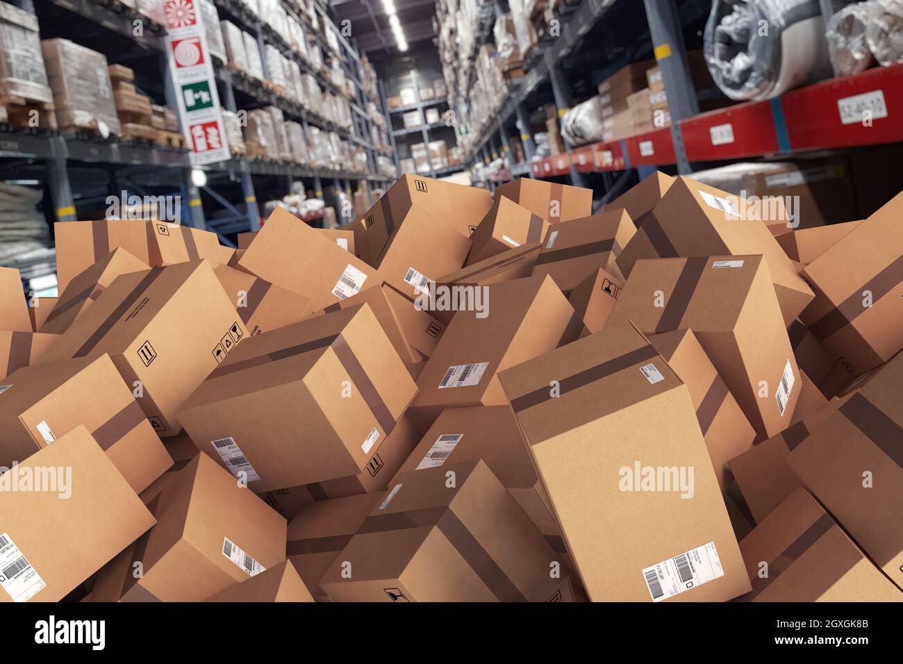 Mess of boxes on the ground in a warehouse Stock Photo - Alamy