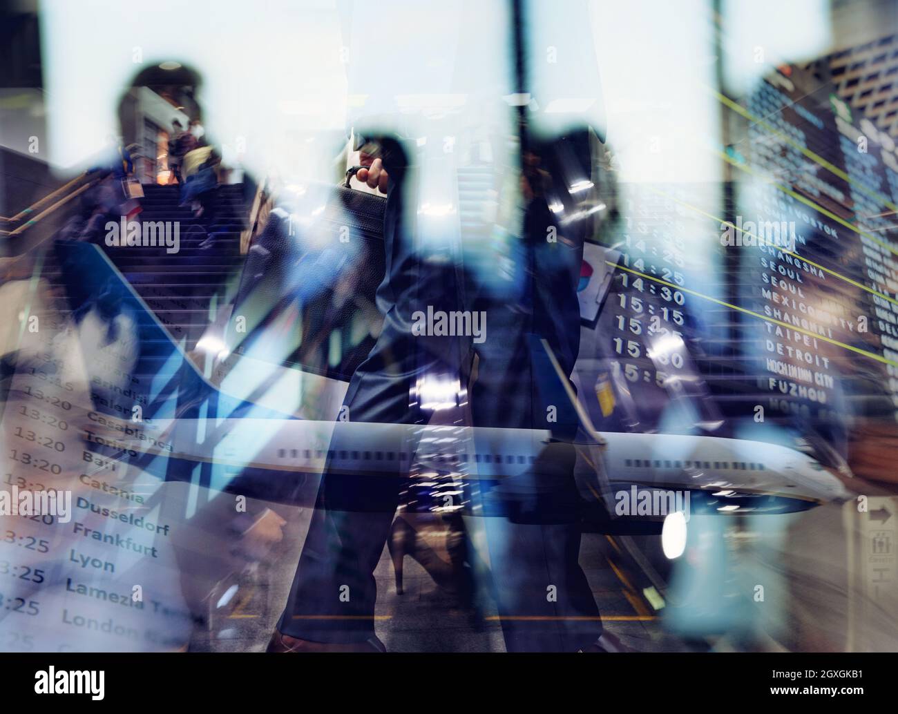 Business travel background of an airport. double exposure Stock Photo ...