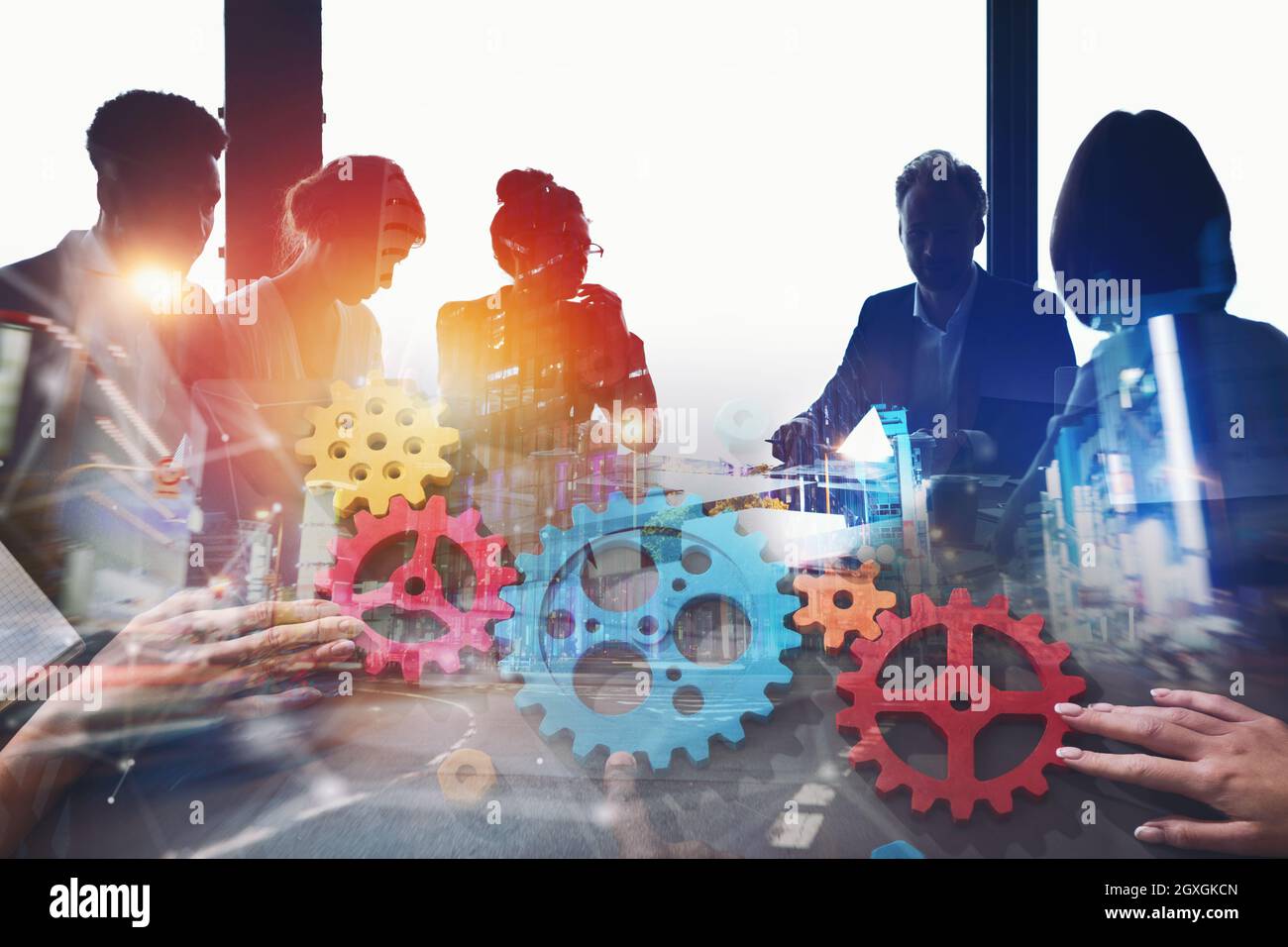 Business people work together in office at night. ears overlay. concept ...