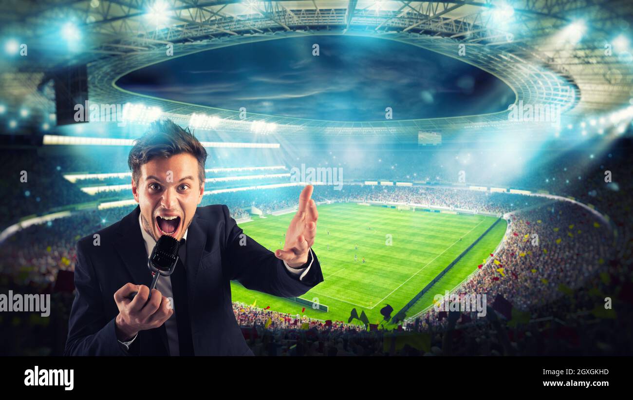 Commentator shouts into the microphone during a stadium commentary ...