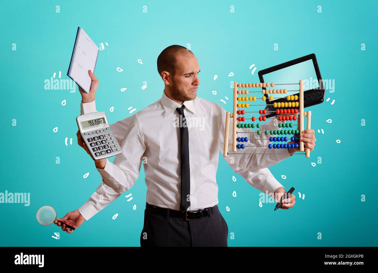 Businessman who daoes a lot of tasks. concept of owerwork and ...