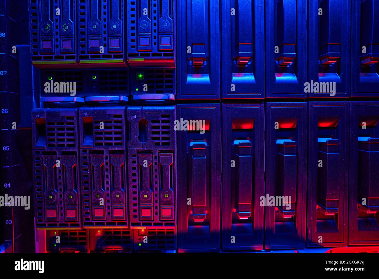 Close up front view image of server racks with different a lot of super ...