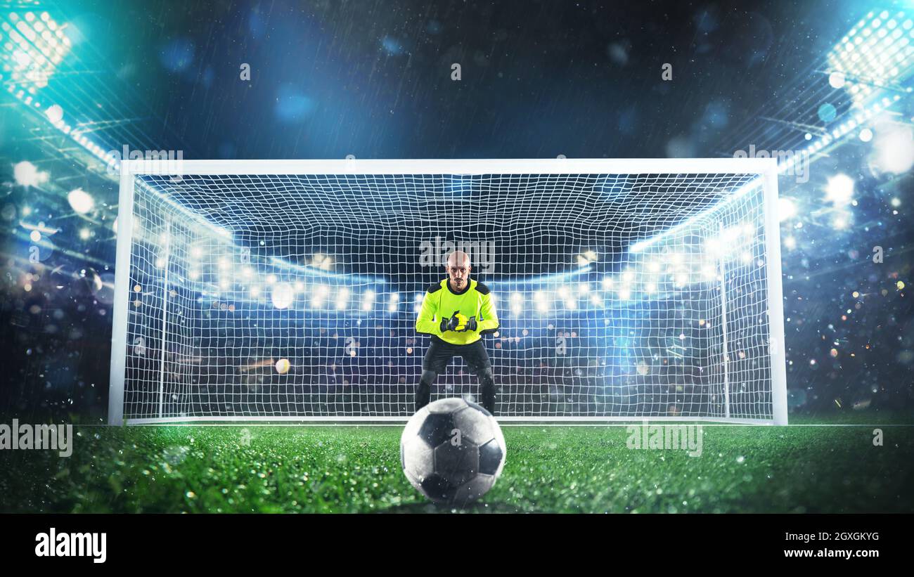 Football scene at night match, ball ready to be kicked Stock Photo - Alamy