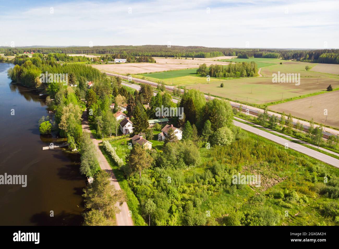 Aerial panoramic view of place Myllykoski at river Kymijoki, Kouvola ...