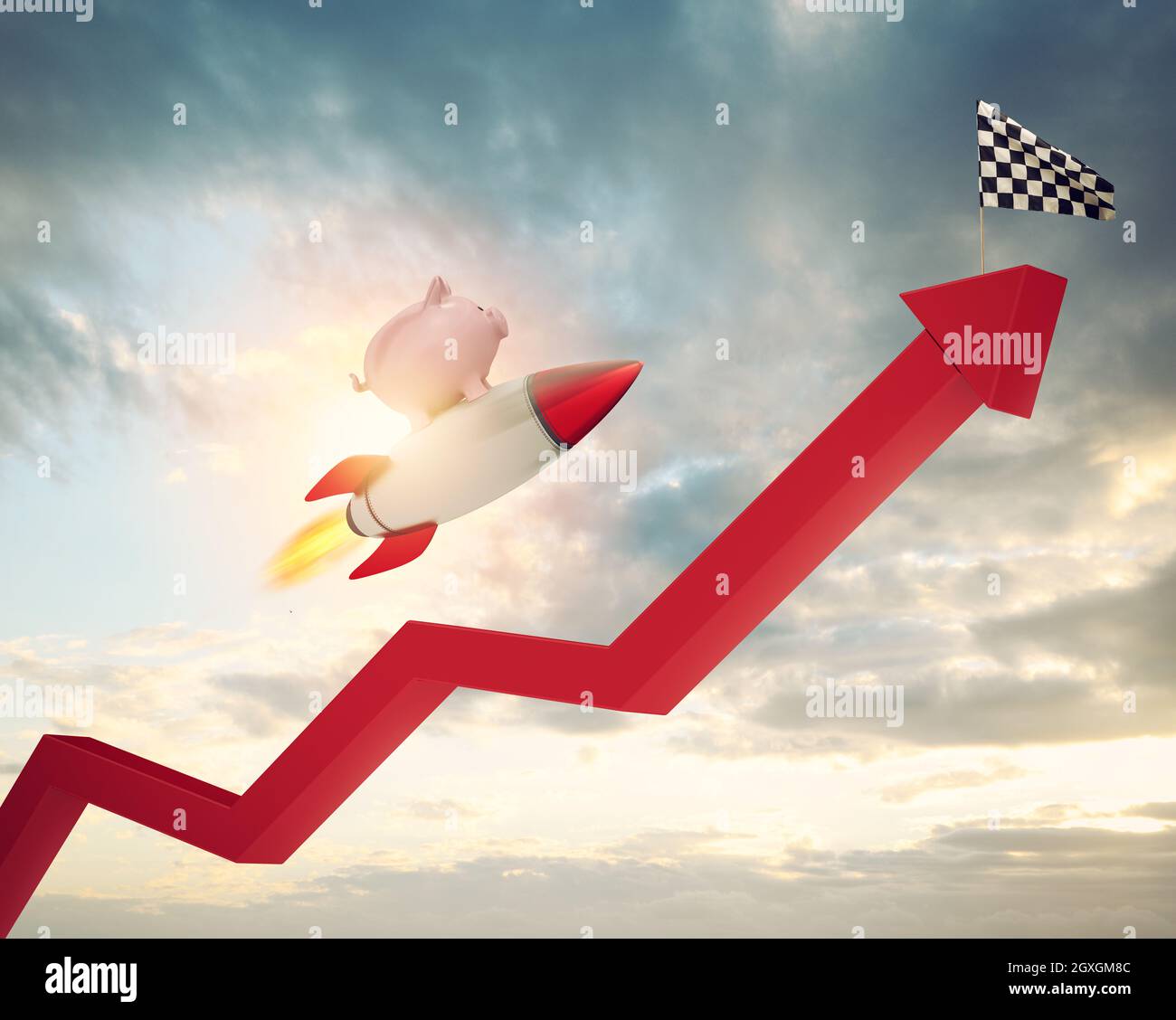 Piggy bank fly on a rocket. Concept of fast increase of money Stock ...