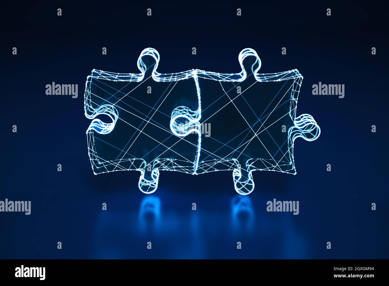 Joint of two pieces of a puzzle with light effects. 3D Rendering Stock ...