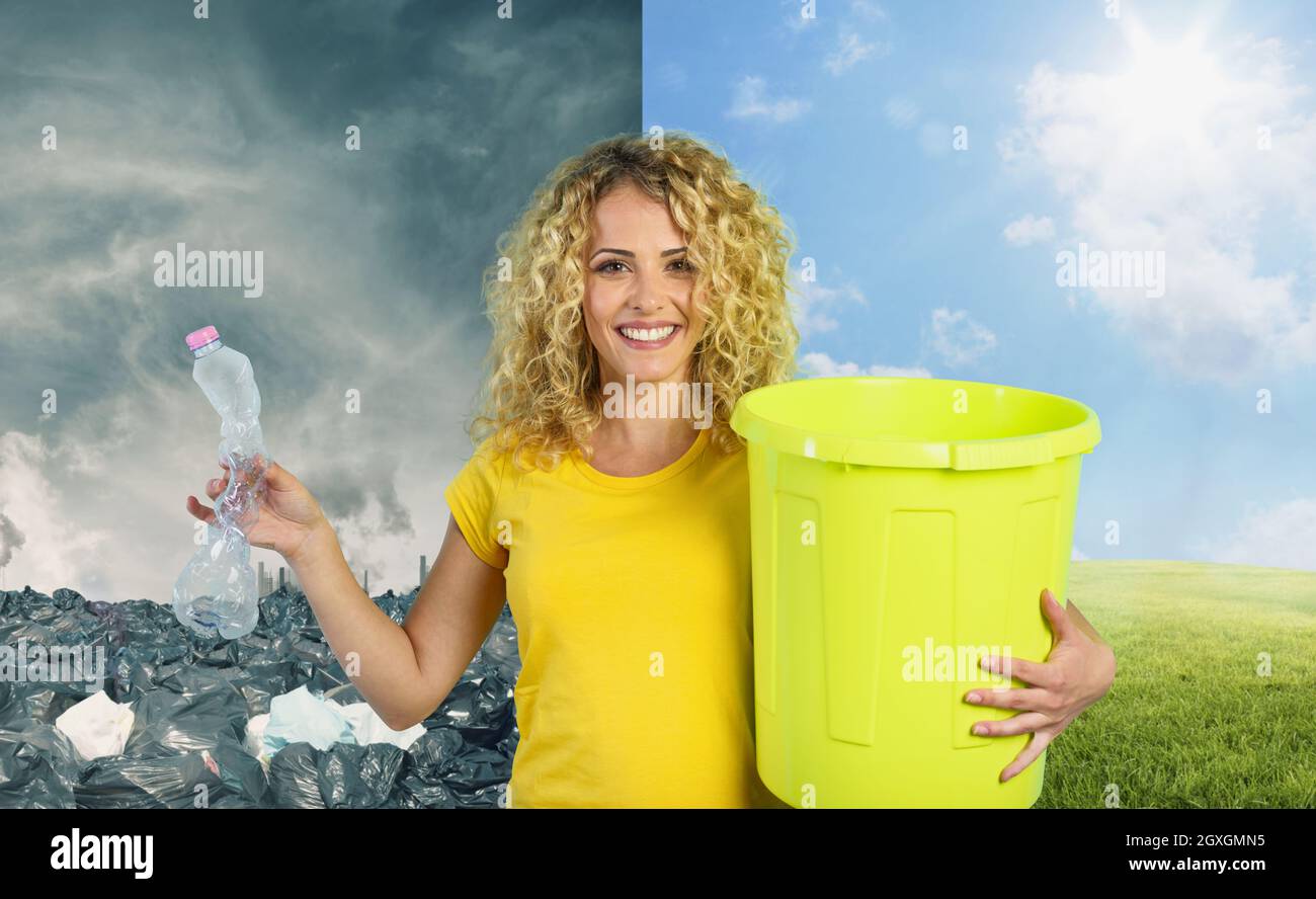 Woman is ready to puts plastic in the garbage can Stock Photo - Alamy