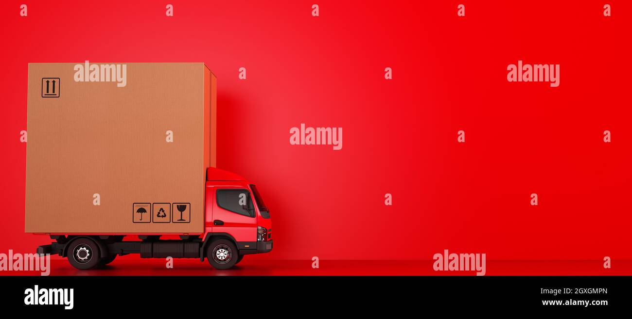 Delivery of a large box on a red background with a cabin truck Stock ...
