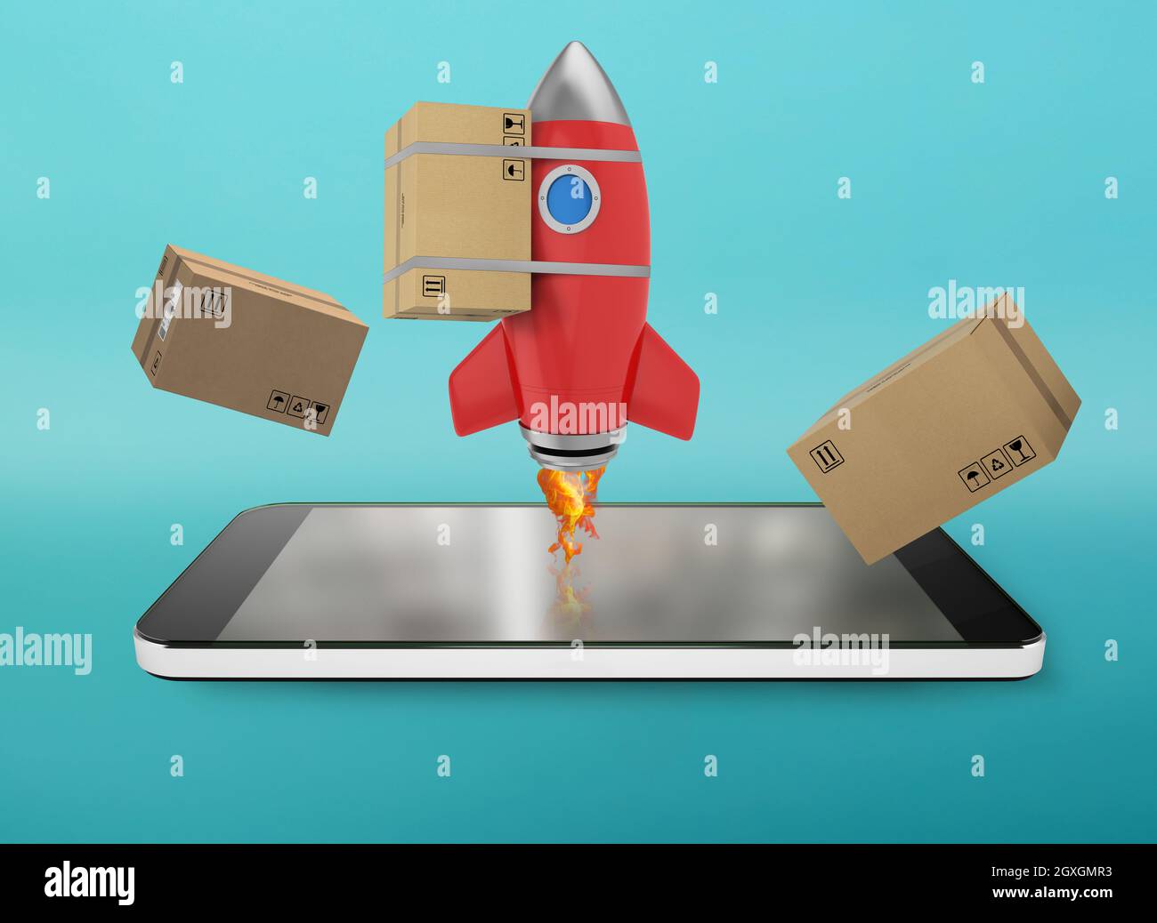 Smartphone with a rocket that exit from screen. 3D illustration Stock ...