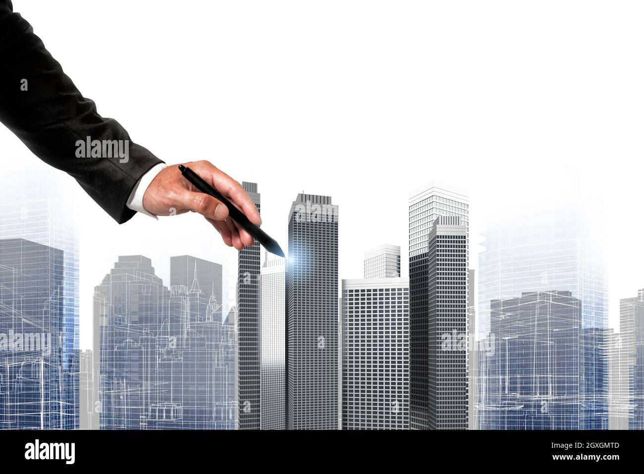 Architect draws a futuristic project of buildings Stock Photo - Alamy