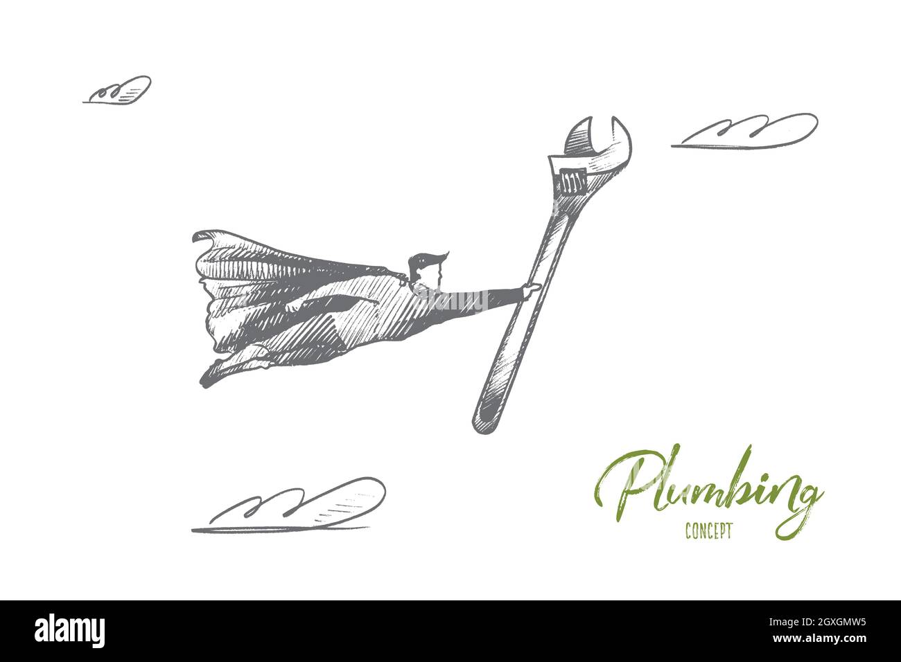 Plumbing concept. Hand drawn superhero with wrench for plumber. Flying ...
