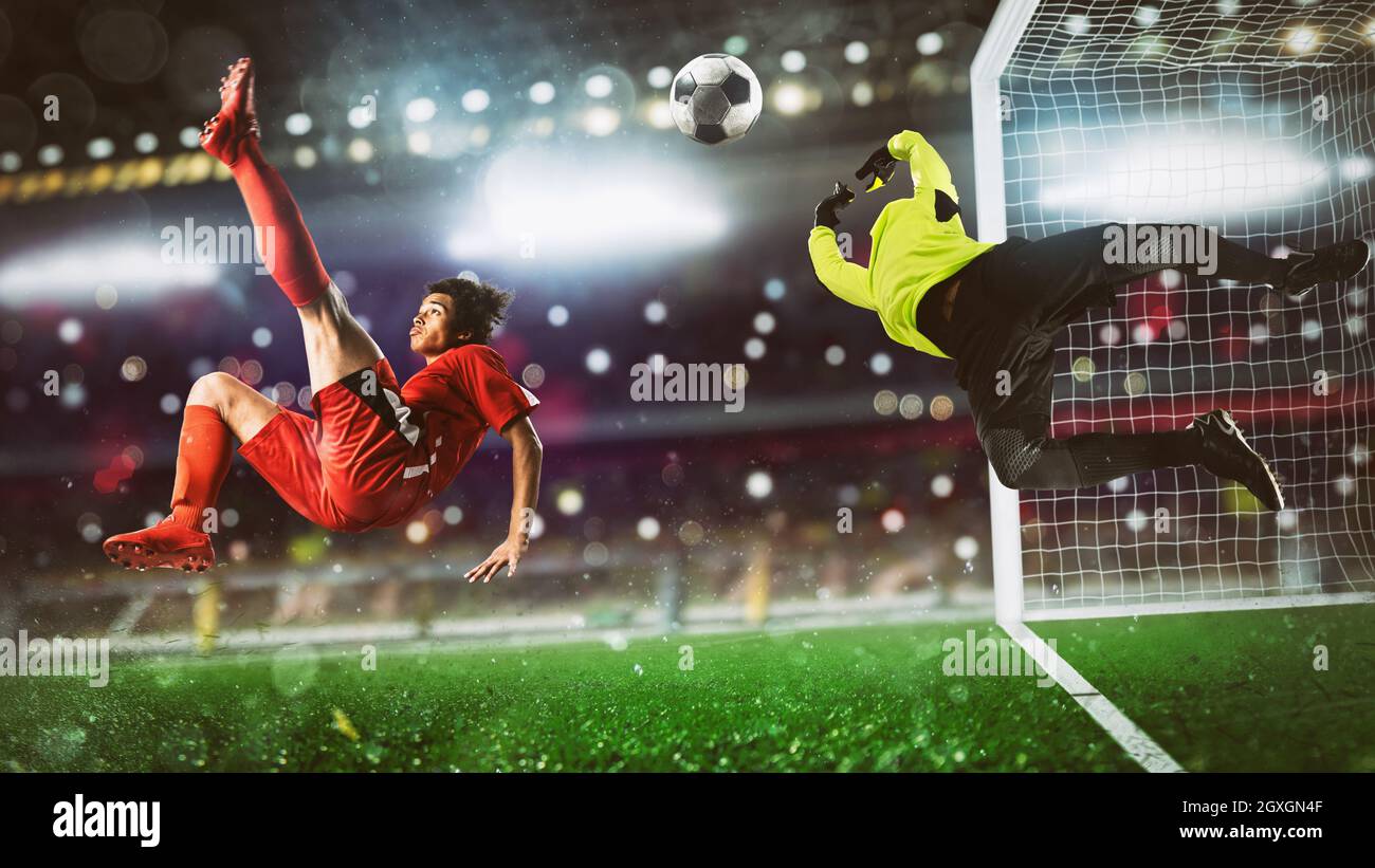 Football scene with a player who kicks the ball on the fly at the ...