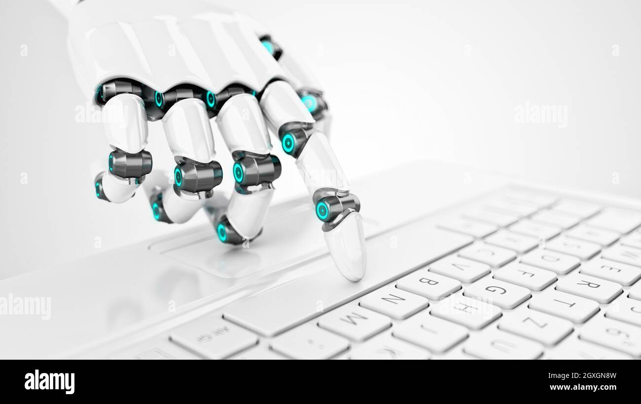 Finger of a white robot touches a laptop keyboard Stock Photo - Alamy