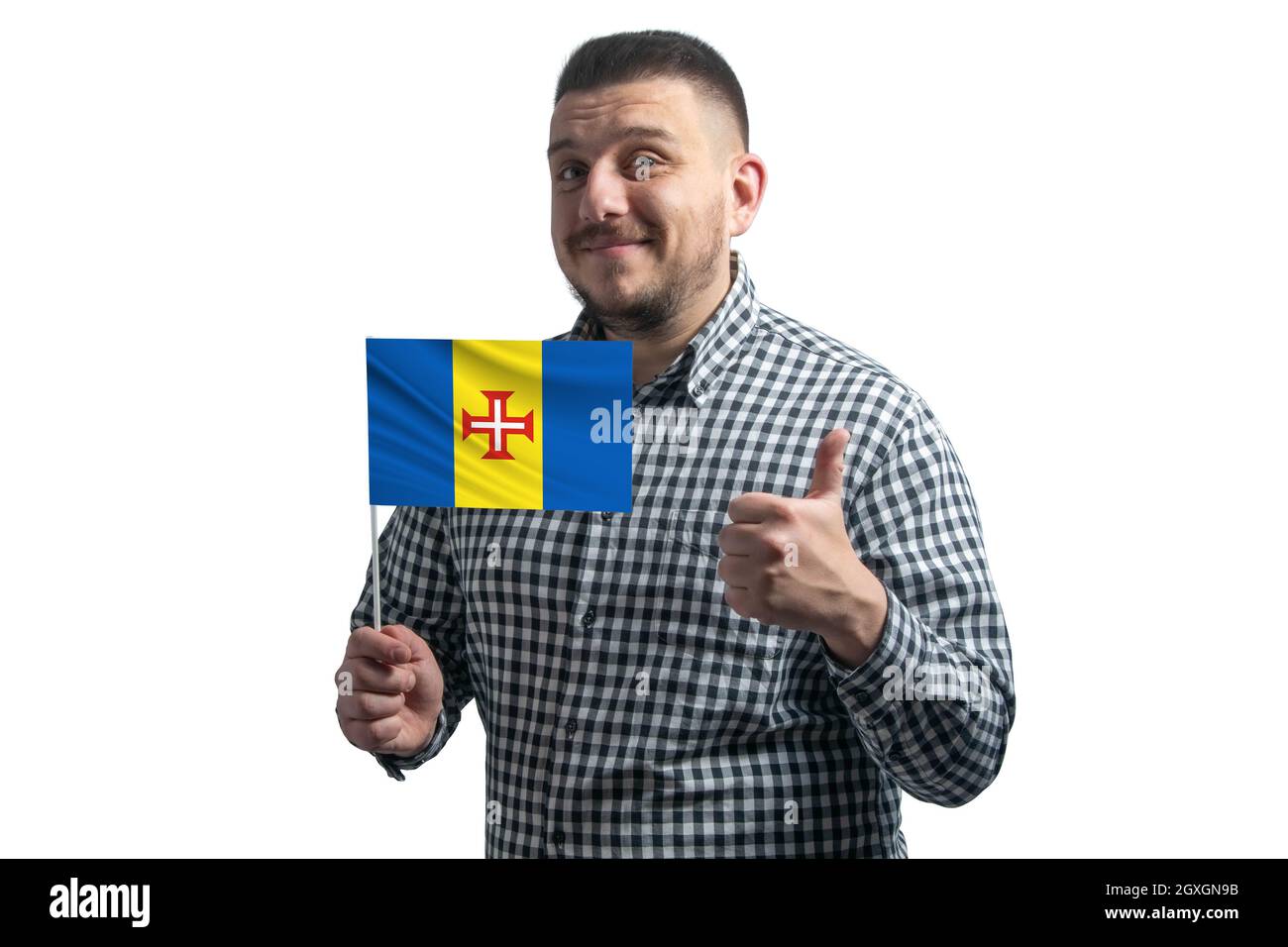 White guy holding a flag of Madeira and shows the class by hand ...