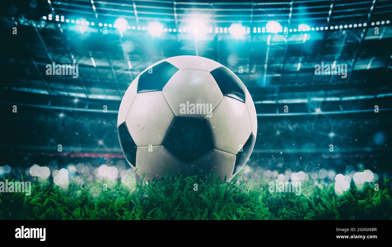 Football scene at night match, ball ready to be kicked Stock Photo - Alamy