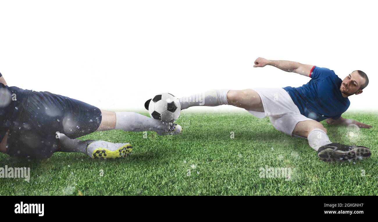 Football action scene with competing football players at the stadium ...
