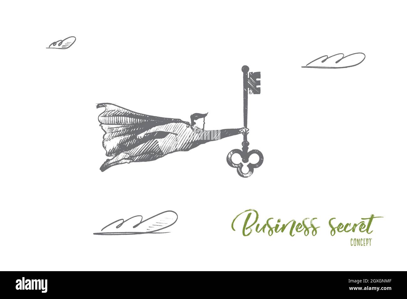 Business secret concept. Hand drawn superhero with giant key as symbol ...