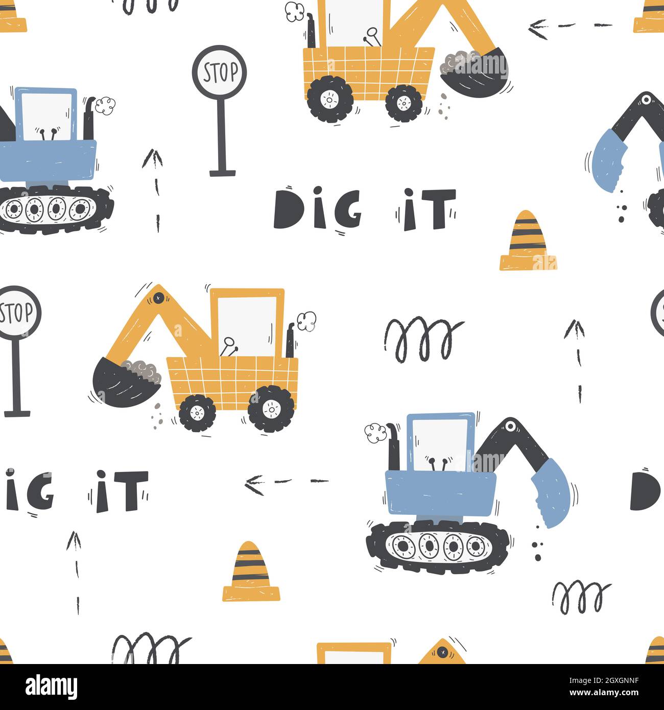 Cute children's seamless pattern with trucks and diggers in ...