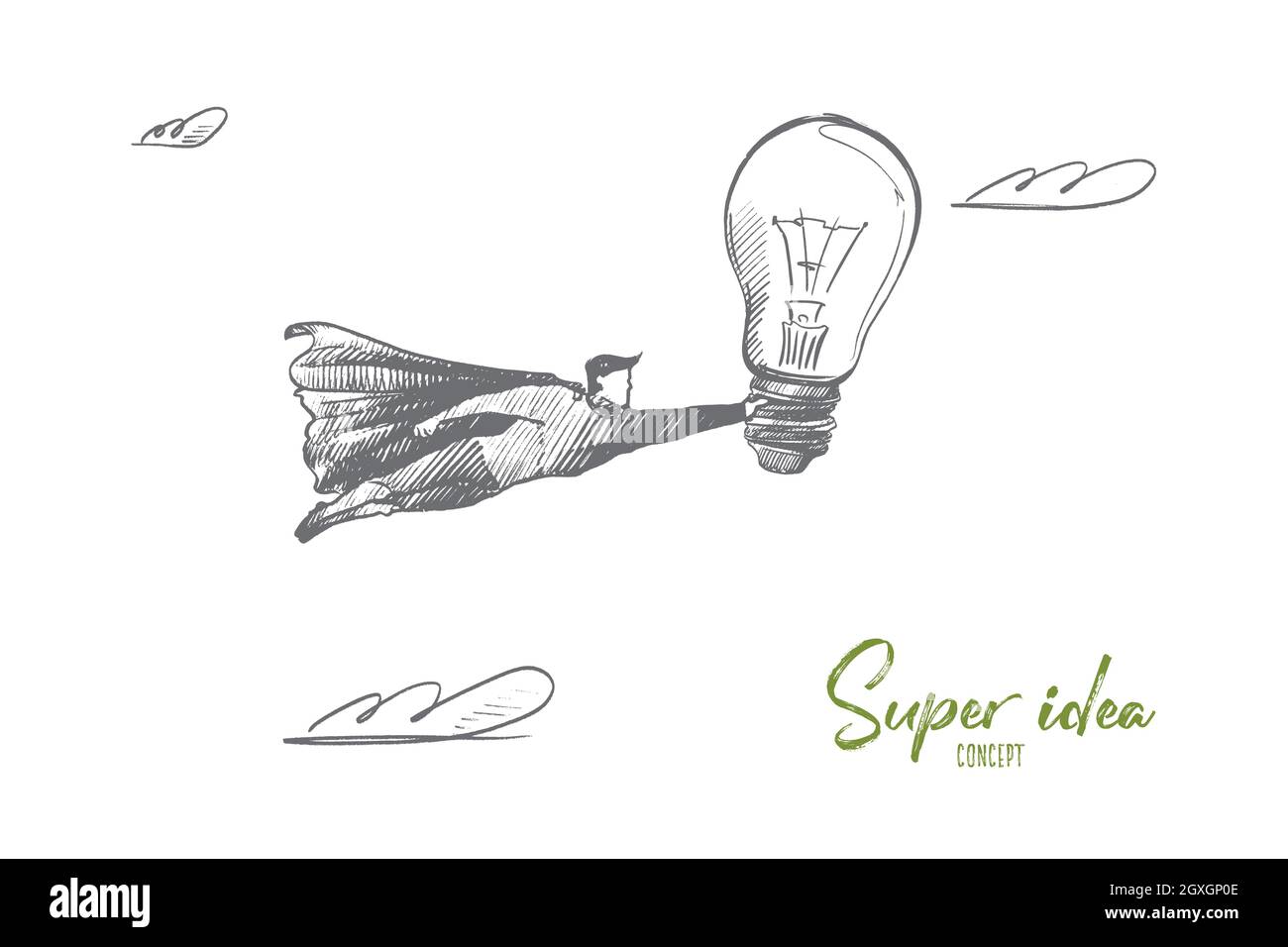 Super idea concept. Hand drawn superhero with big light bulb in hand ...